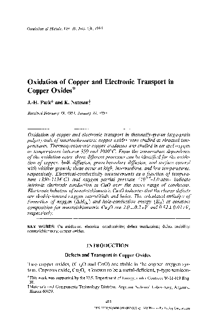 (PDF) Oxidation of copper and electronic transport in copper oxides