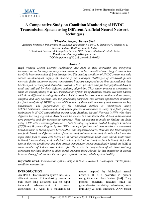 (PDF) A Comparative Study on Condition Monitoring of HVDC Transmission System using Different ...