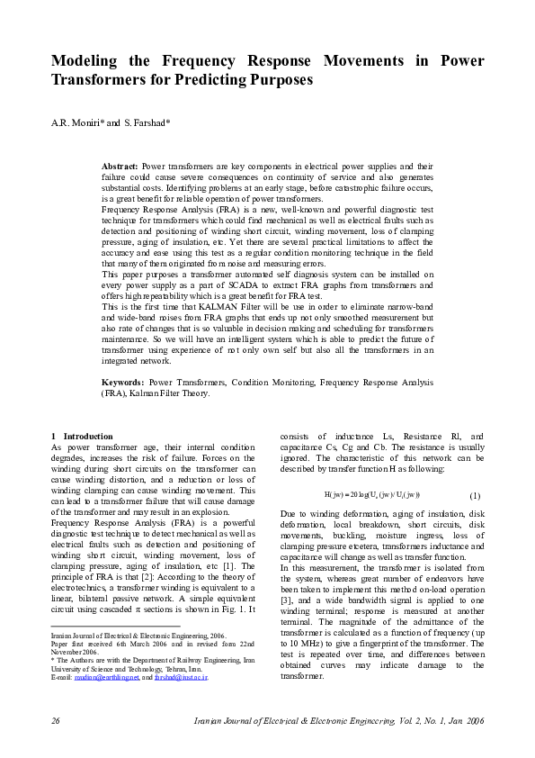(PDF) Modeling the Frequency Response Movement in Power Transformers for Predicting Purposes