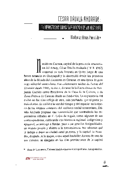 (PDF) Cesar Dávila Andrade : el hermetismo como superación de lo regional