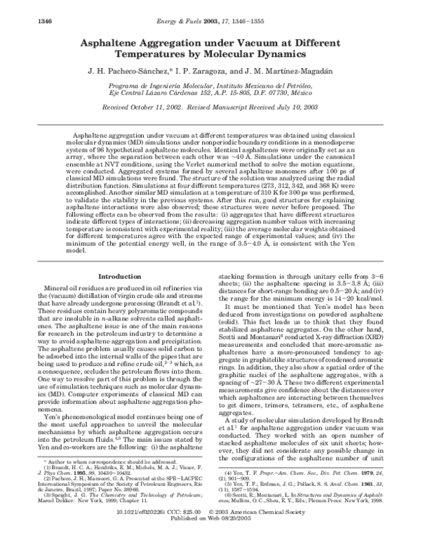 (PDF) Asphaltene Aggregation under Vacuum at Different Temperatures by Molecular Dynamics