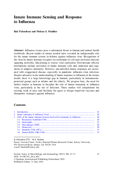(PDF) Innate Immune Sensing and Response to Influenza
