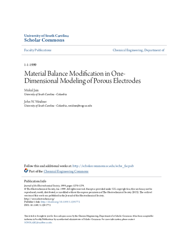 (PDF) Material Balance Modification in One‐Dimensional Modeling of Porous Electrodes