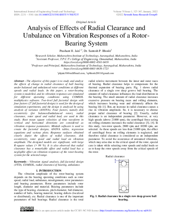 (PDF) Analysis of Effects of Radial Clearance and Unbalance on Vibration Responses of a Rotor ...