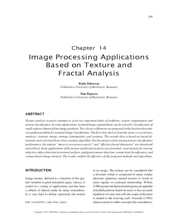 (PDF) Image Processing Applications Based on Texture and Fractal Analysis