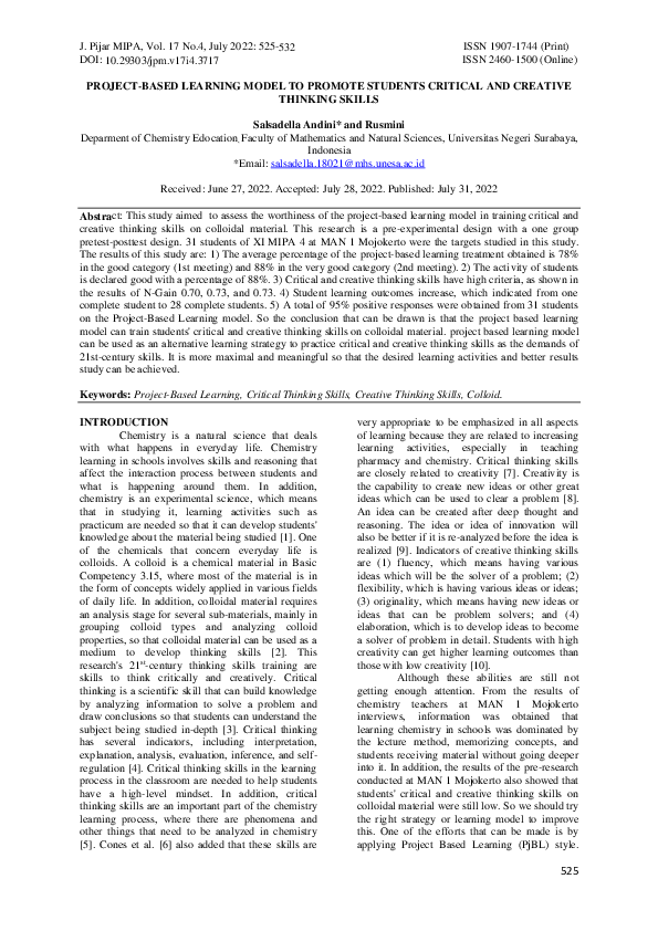 (PDF) Project-based learning model to promote students critical and creative thinking skills ...