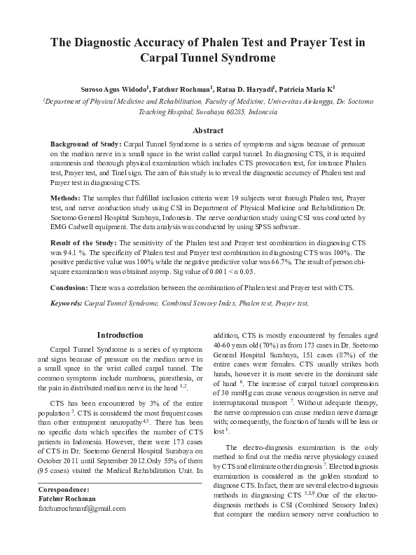(PDF) The Diagnostic Accuracy of Phalen Test and Prayer Test in Carpal ...