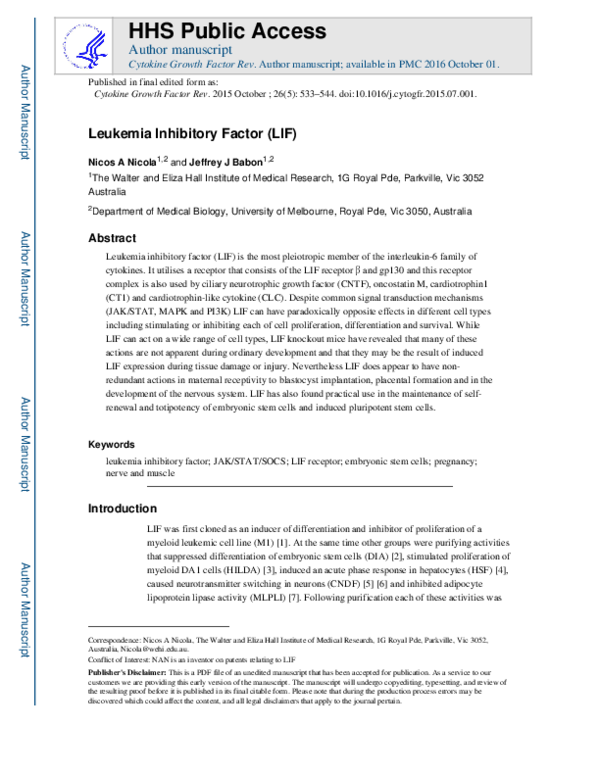 (PDF) Leukemia inhibitory factor (LIF)