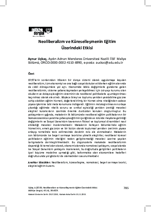 (PDF) Neoliberalizm ve Küreselleşmenin Eğitim Üzerindeki Etkisi