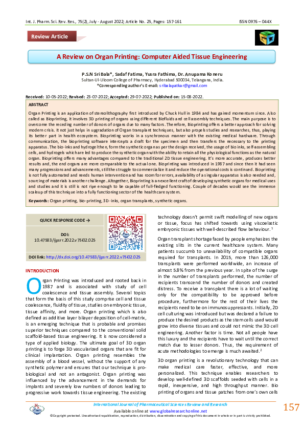 (PDF) A Review on Organ Printing: Computer Aided Tissue Engineering