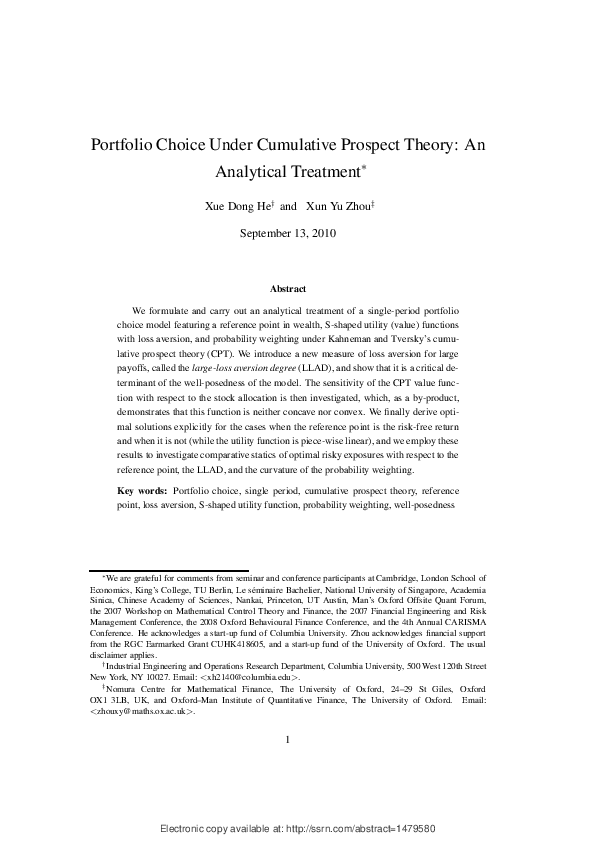 (PDF) Portfolio Choice Under Cumulative Prospect Theory: Sensitivity ...