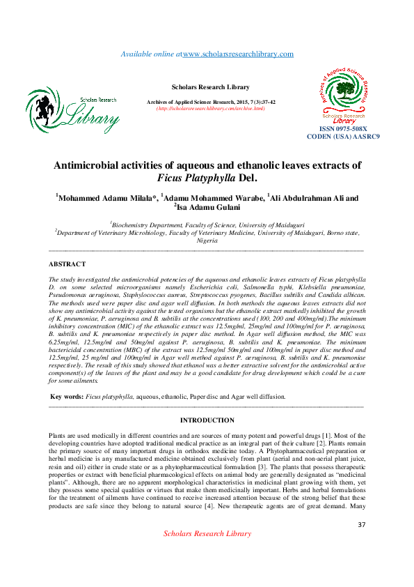 (PDF) Antimicrobial activities of aqueous and ethanolic leaves extracts of Ficus Platyphylla Del
