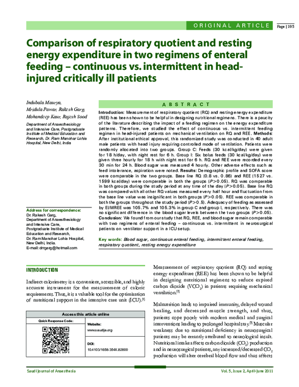 (PDF) Comparison of respiratory quotient and resting energy expenditure ...