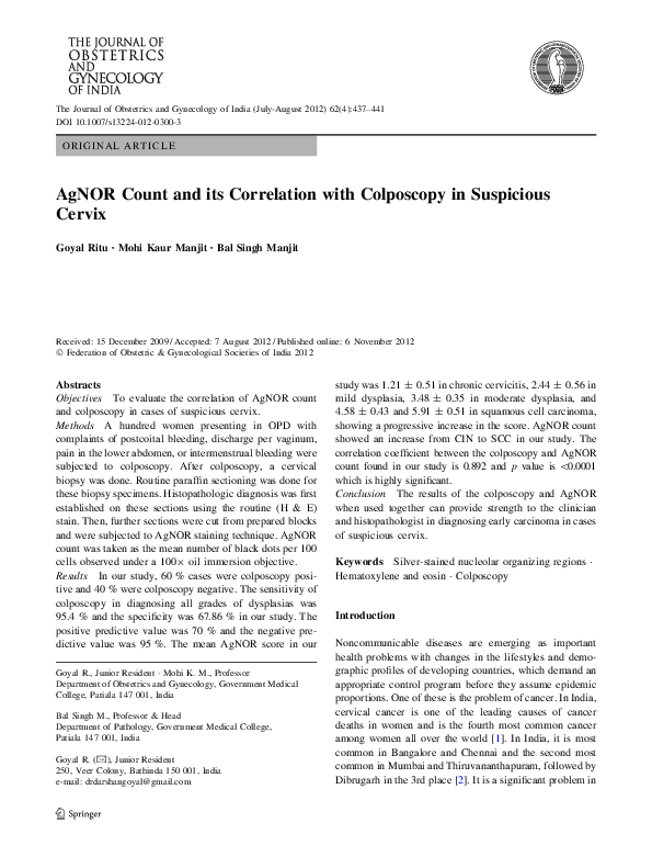(PDF) AgNOR Count and its Correlation with Colposcopy in Suspicious Cervix