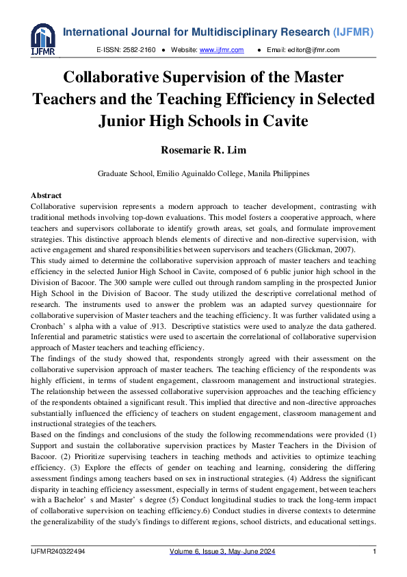 (PDF) Collaborative Supervision of the Master Teachers and the Teaching ...