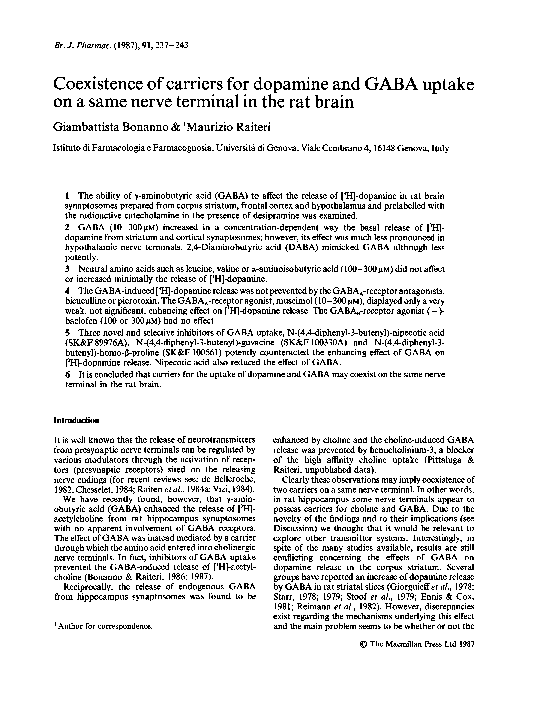 Coexistence of carriers for dopamine and GABA uptake on a same nerve ...