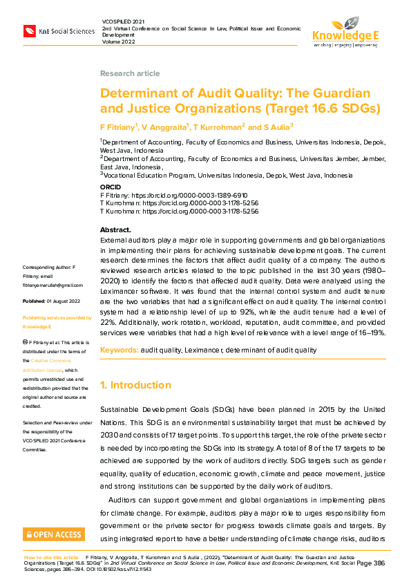 (PDF) Determinant of Audit Quality: The Guardian and Justice Organizations (Target 16.6 SDGs ...