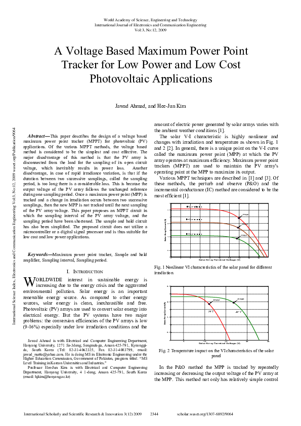 (PDF) A Voltage Based Maximum Power Point Tracker For Low Power And Low Cost Photovoltaic ...