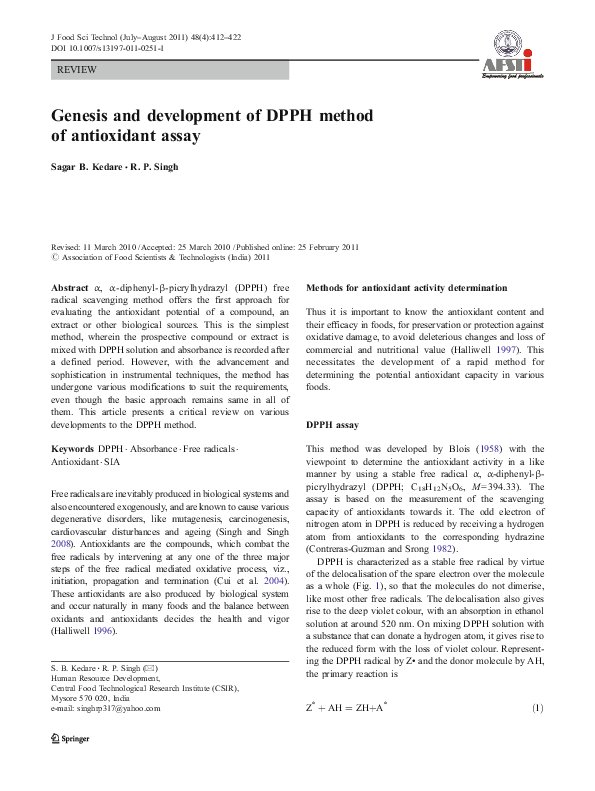 (PDF) Genesis and development of DPPH method of antioxidant assay