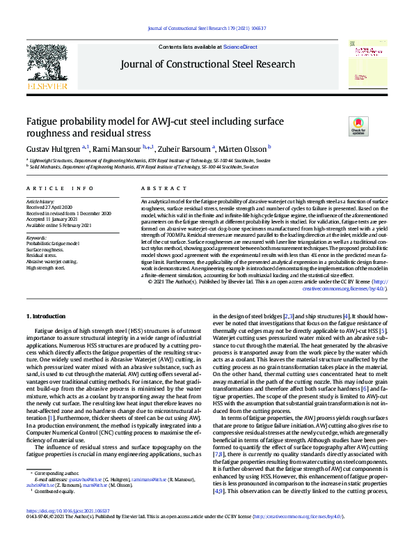 (PDF) Fatigue probability model for AWJ-cut steel including surface ...