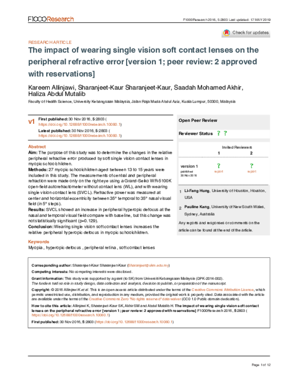 (PDF) The impact of wearing single vision soft contact lenses on the ...
