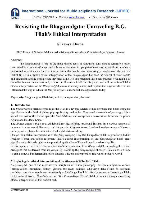 (PDF) Revisiting the Bhagavadgītā: Unraveling B.G. Tilak's Ethical Interpretation