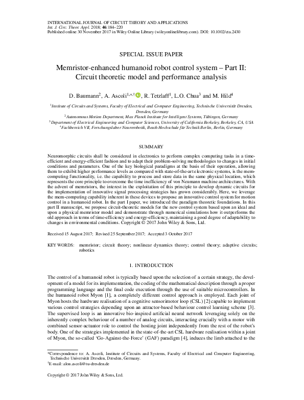 (PDF) Memristor-enhanced humanoid robot control system - Part II: Circuit theoretic model and ...