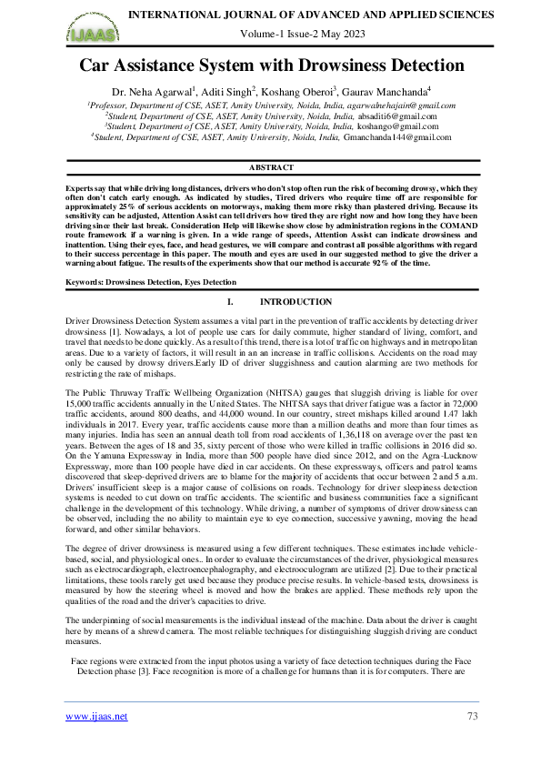Pdf Car Assistance System With Drowsiness Detection