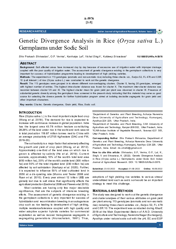 (PDF) Genetic Divergence Analysis in Rice (Oryza sativa L.) Germplasms ...