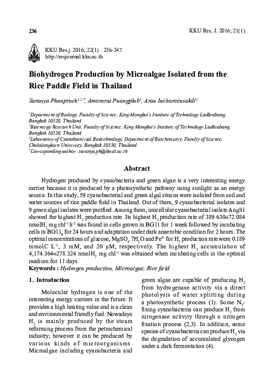 (PDF) Biohydrogen production by microalgae isolated from the rice ...