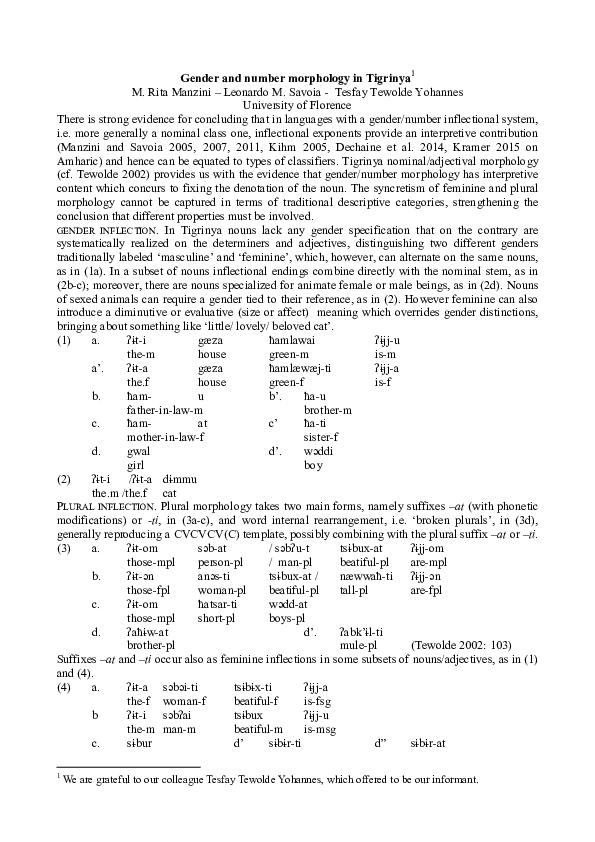 (PDF) Gender and number morphology in Tigrinya