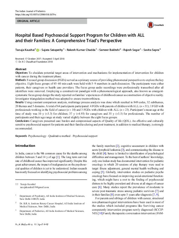 (PDF) Hospital Based Psychosocial Support Program for Children with ALL ...