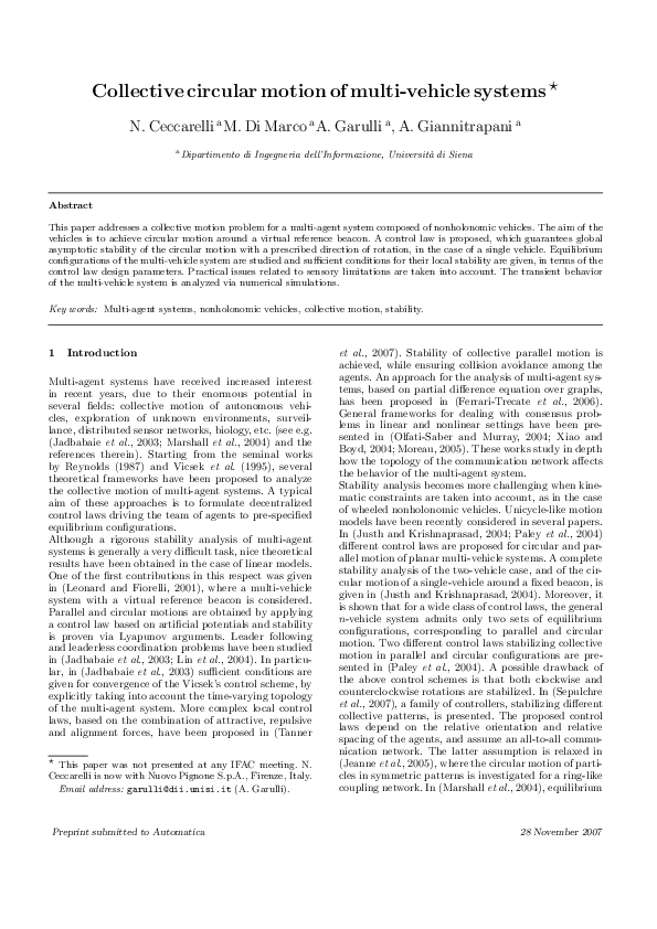 (PDF) Collective circular motion of multi-vehicle systems