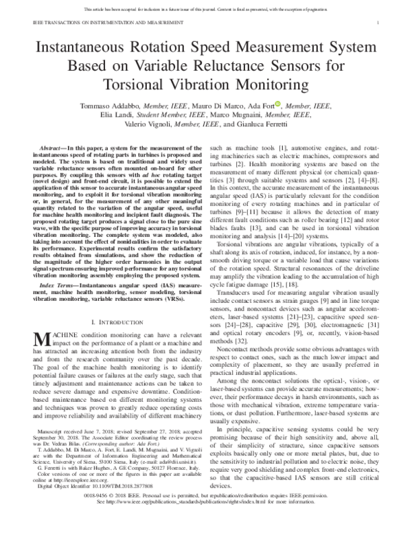 Pdf Instantaneous Rotation Speed Measurement System Based On Variable Reluctance Sensors For