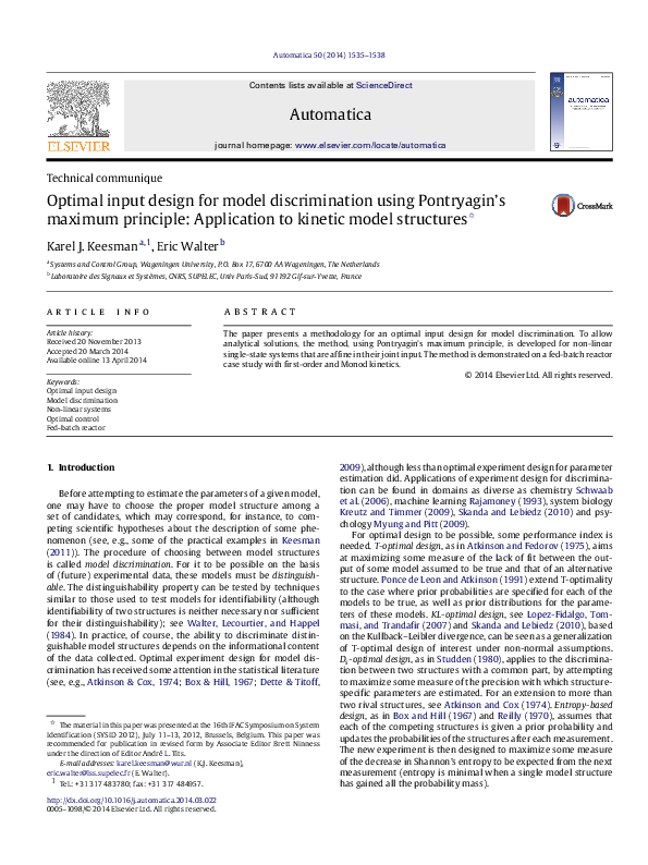 (PDF) Optimal input design for model discrimination | Karel J Keesman - Academia.edu