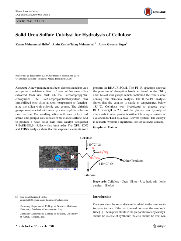 (PDF) Solid Urea Sulfate Catalyst for Hydrolysis of Cellulose