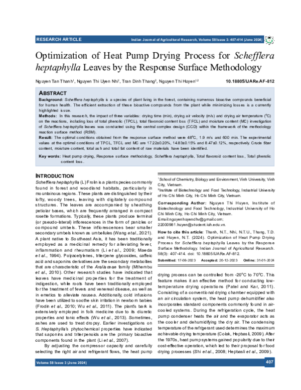 (PDF) Optimization of Heat Pump Drying Process for Schefflera heptaphylla Leaves by the Response ...