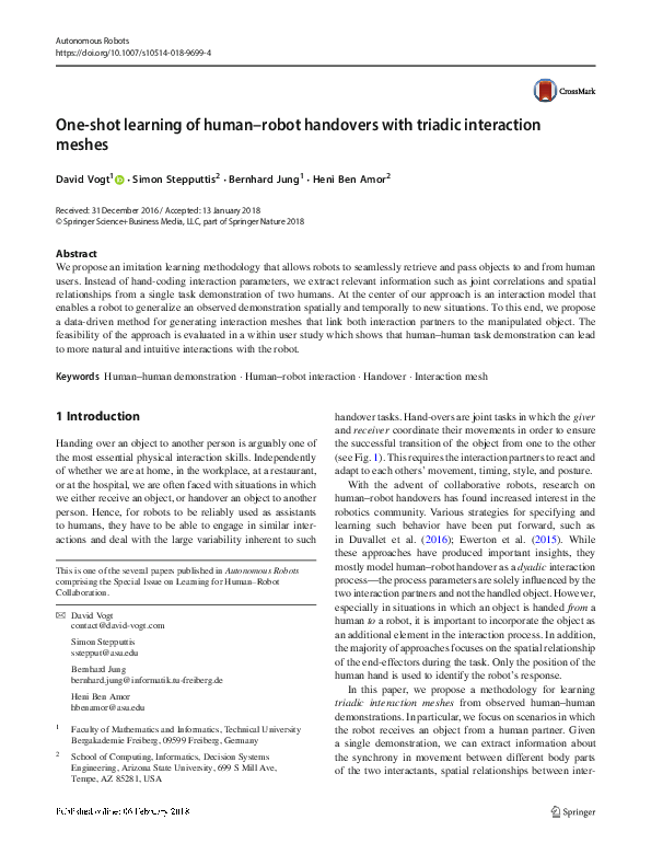 (PDF) One-shot learning of human–robot handovers with triadic interaction meshes