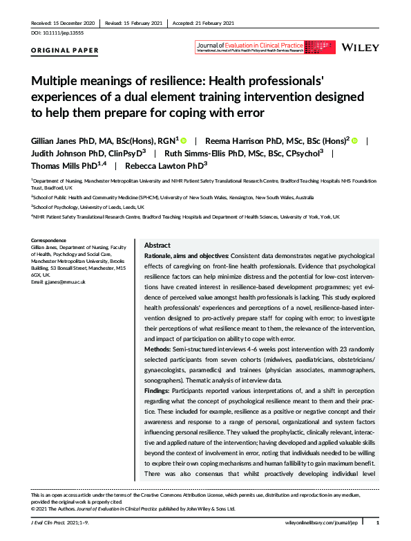 (PDF) Multiple meanings of resilience: Health professionals ...