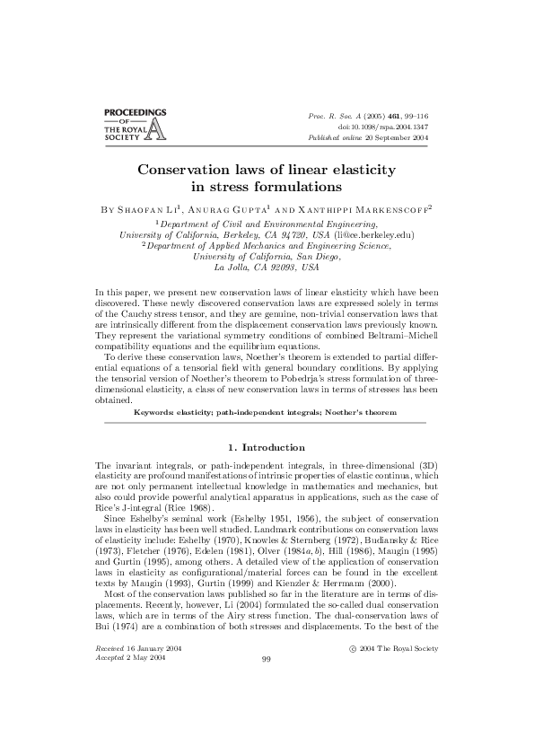 (PDF) Conservation laws of linear elasticity in stress formulations
