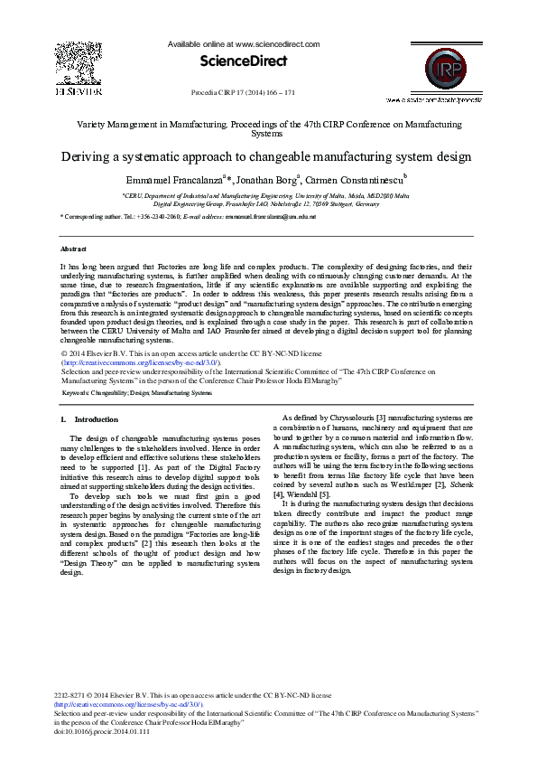 (PDF) Deriving a Systematic Approach to Changeable Manufacturing System Design