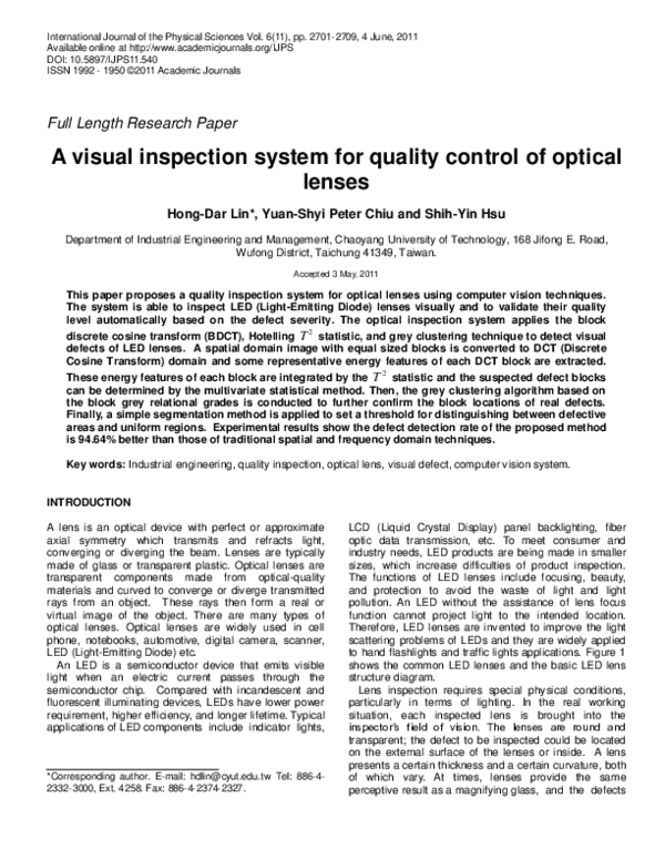 (PDF) A visual inspection system for quality control of optical lenses
