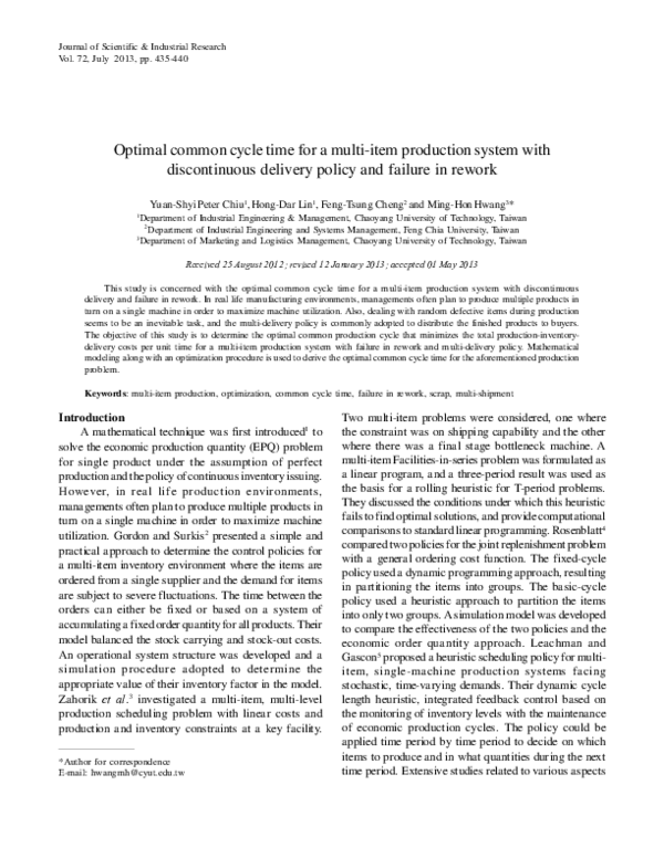 Pdf Optimal Common Cycle Time For A Multi Item Production System With Discontinuous Delivery