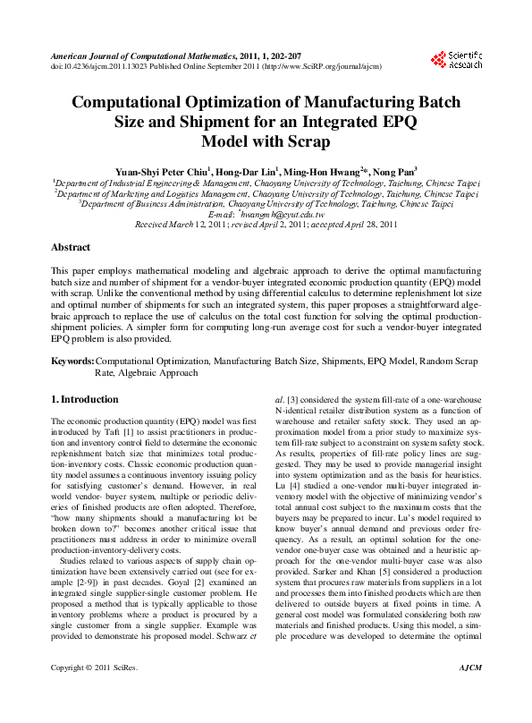 (PDF) Optimal Batch Size and Shipment in EPQ Models