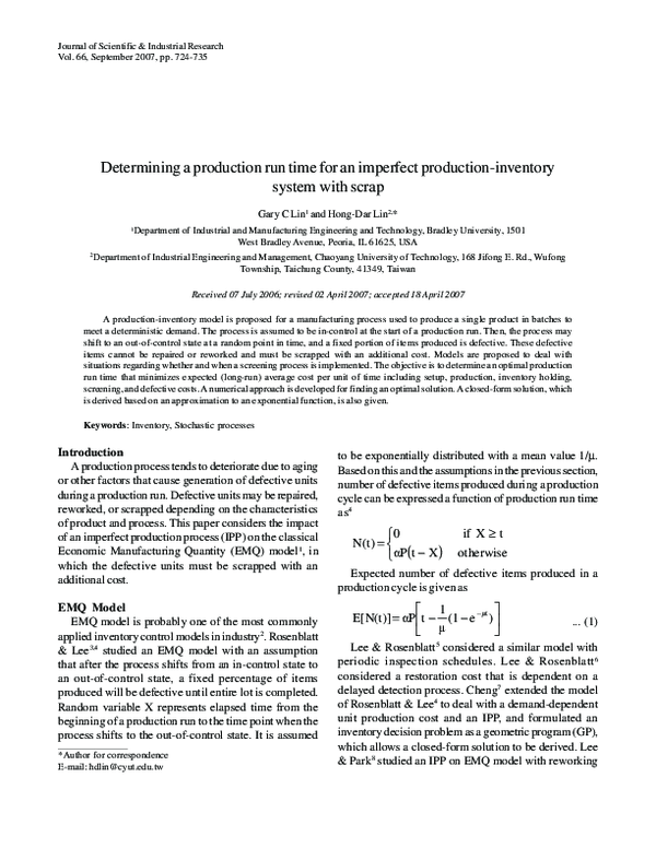 Pdf Determining A Production Run Time For An Imperfect Production Inventory System With Scrap