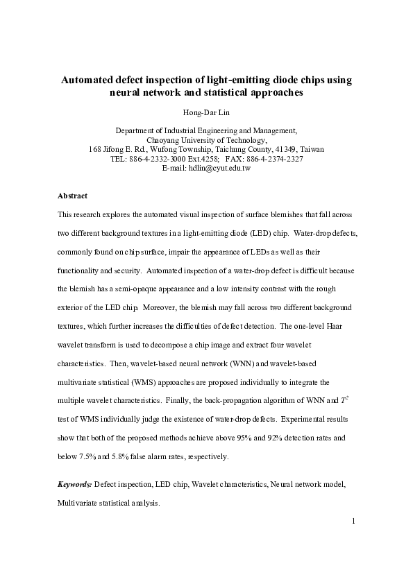 Pdf Automated Defect Inspection Of Light Emitting Diode Chips Using Neural Network And