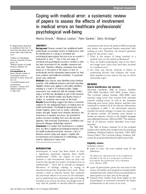 (PDF) Coping with medical error: a systematic review of papers to ...