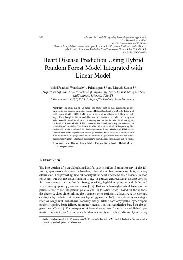 (PDF) Heart Disease Prediction Using Hybrid Random Forest Model Integrated with Linear Model