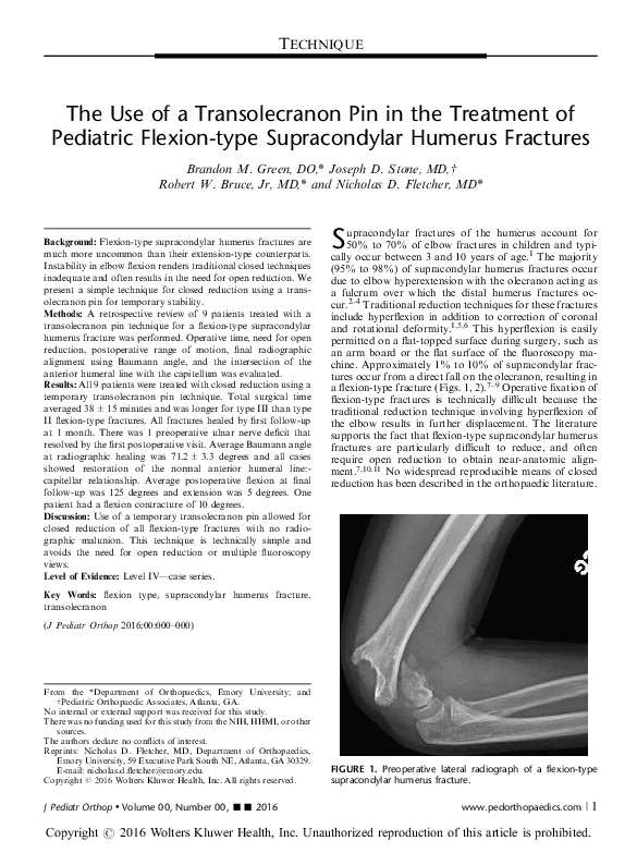 (PDF) The Use of a Transolecranon Pin in the Treatment of Pediatric ...