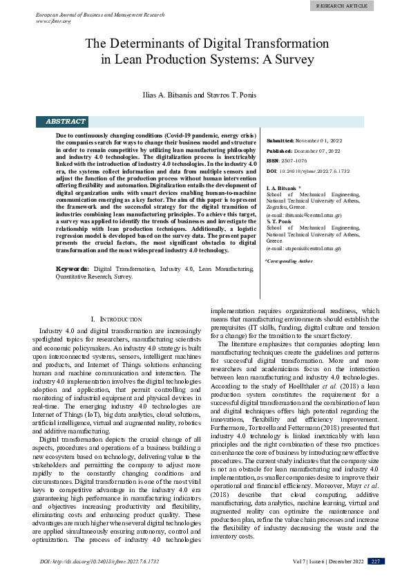 (PDF) The Determinants of Digital Transformation in Lean Production Systems: A Survey